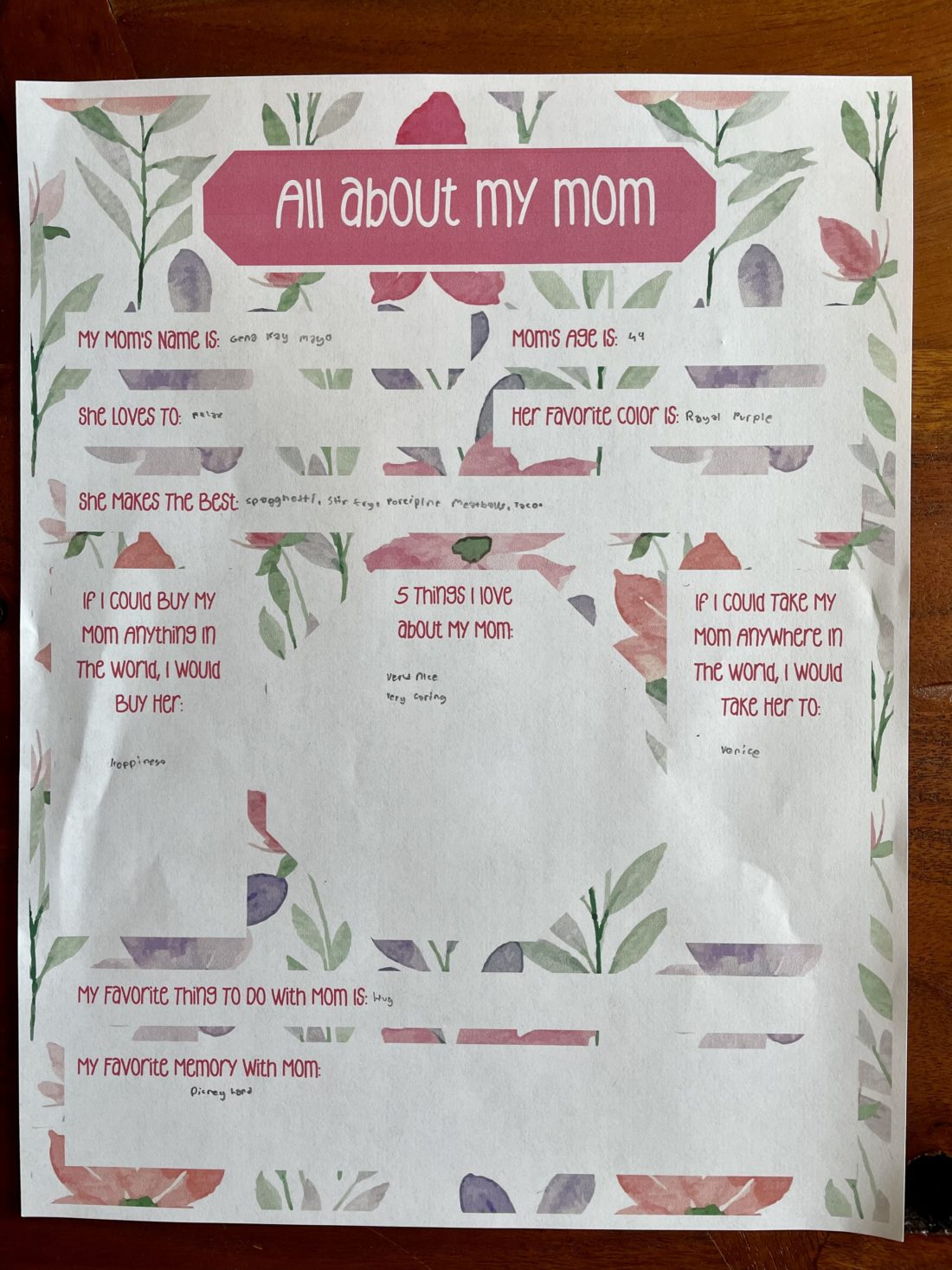 All About My Mom Questionnaire and Mom & Me Coupons